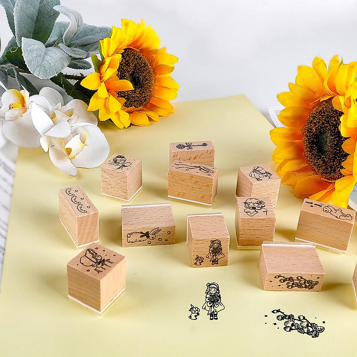 Wooden Plant Patterns Rubber Stamp - Plant and Flower Decorative Wooden Rubber Stamp Set for DIY Craft Card Scrapbooking Supplies Photo Album, Hand Book, Planner, Scrapbooking, 12Pcs (Young Girl)