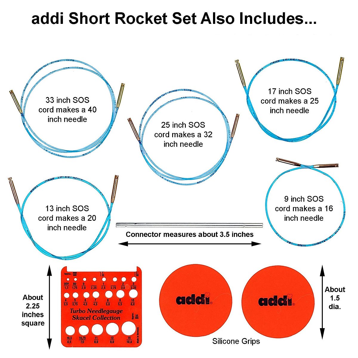 addi Click Rocket Lace Short 3.5-Inch Interchangeable Circular Knitting Needle Set Sizes US 4, 5, 6, 7, 8, 9, 10 and 11 with 5 Blue Cords, Brown Canvas Case with Project Bag