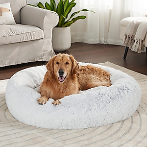 Bedsure Calming Dog Bed for Extra Large Dogs - Donut Washable Large Pet Bed, 45 inches Anti-Slip Round Fluffy Plush Faux Fur Dog Bed, Fits up to 125 lbs Pets, Frost Grey