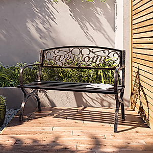 BELLEZE Outdoor Bench, 50-inch Patio Garden Bench, Cast Iron Metal Loveseat Chairs, for Park, Porch, Lawn, Balcony, Backyard, Garden Accessories, Welcome Design, Bronze