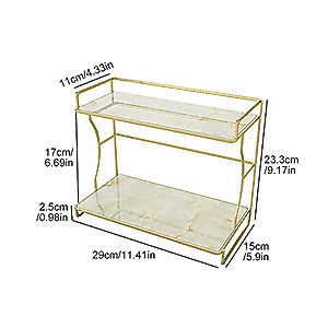 ETIGER Makeup Organizer, 2 Tier Bathroom Cosmetic Storage Shelf, Decorative Wire Vanity Organizer Basket with Marbling Glass Tray(White)