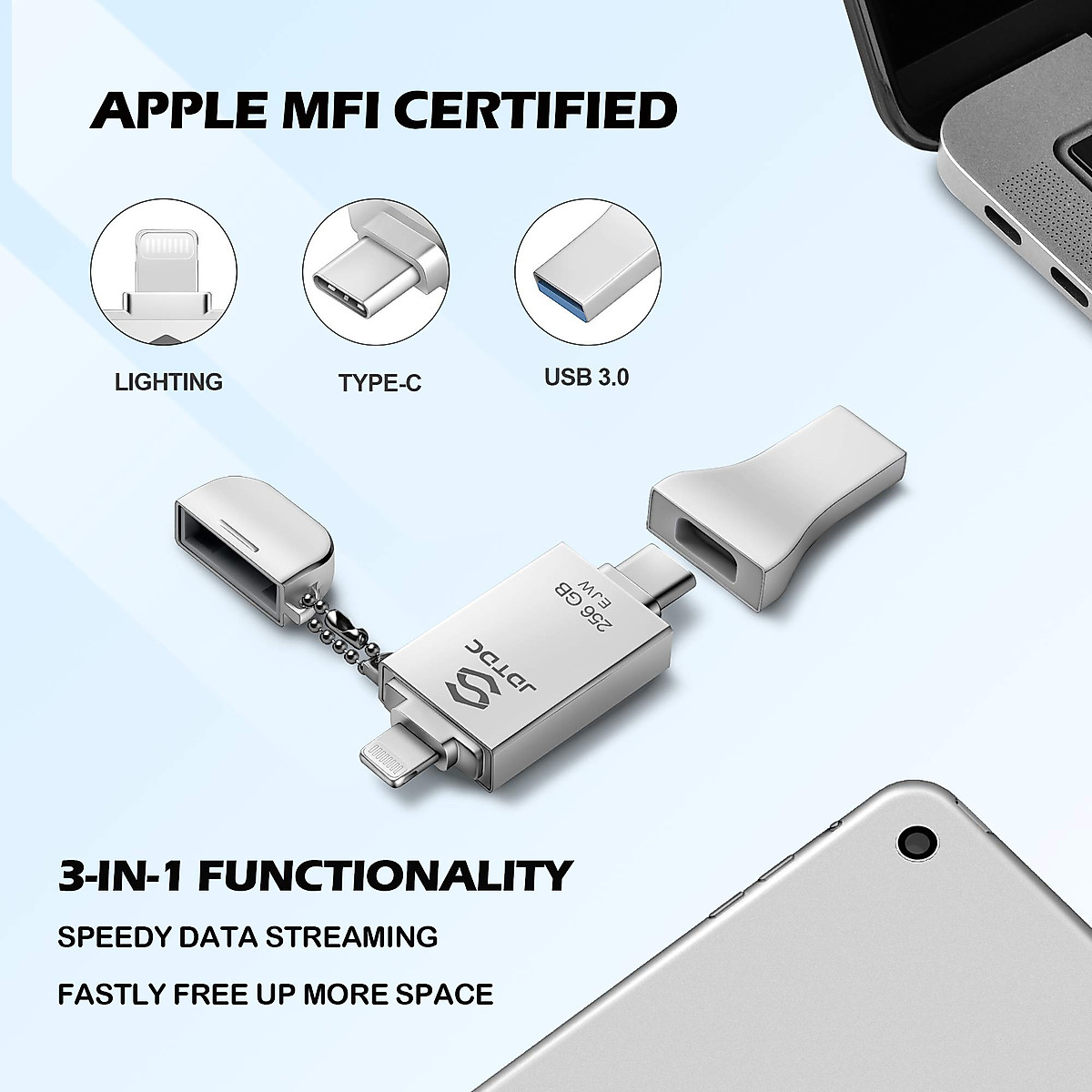 256GB Apple MFi Certified iPhone-Photo-Stick, 3 in 1 USB C Photo-Stick-for-iPhone-Flash-Drive iPhone Memory-Stick Thumb Drives iPhone Backup Memory Stick for iPhone 16 15 14 13 12 iPad Android PC