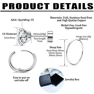 ZELORES 614 Pairs Cartilage Earrings Sets for Women Men Stainless Steel Lightweight Tiny Huggie Hoop Earrings for Multiple Piercing 14k Gold Plated Flatback CZ Stud Earrings for Sensitive Ear 20G,