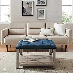 Walker Edison Abri Modern Farmhouse Metal X Tufted Ottoman, 30 Inch, Blue