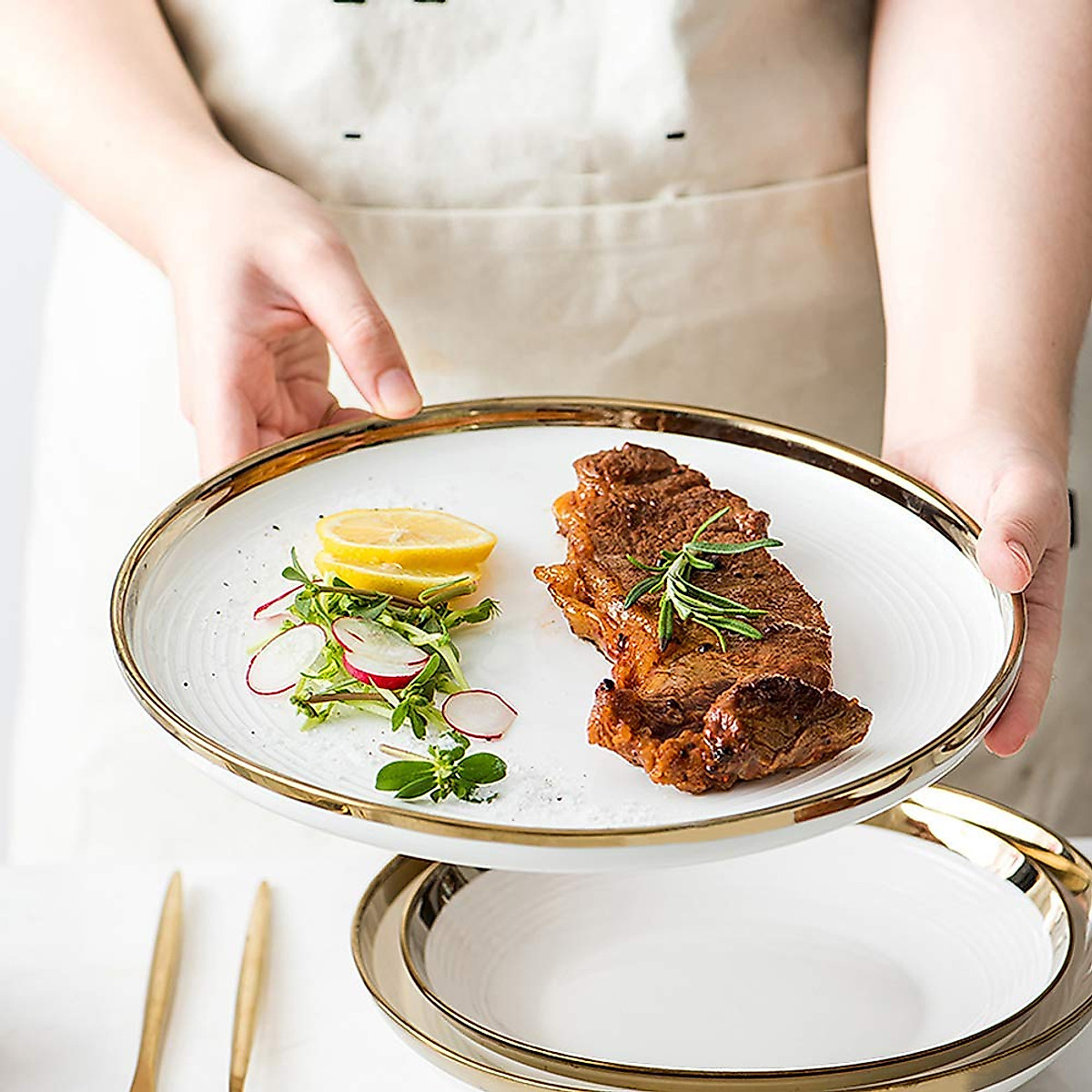 Fine Dinnerware Set,Gold Halo White Porcelain Dinnerware Set, Complete Ceramic Plates and Bowls Sets, Modern Creativity Vintage Round High Class Dishes Set, Luxurious Mellow Dinnerware Dish Set,20PCS