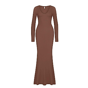 REORIA Women's Sexy Soft Lounge Ribbed Long Dress Fall Elegant Formal Wedding Guest Long Sleeve Deep V Neck Bodycon Maxi Dresses Coffee X-Large