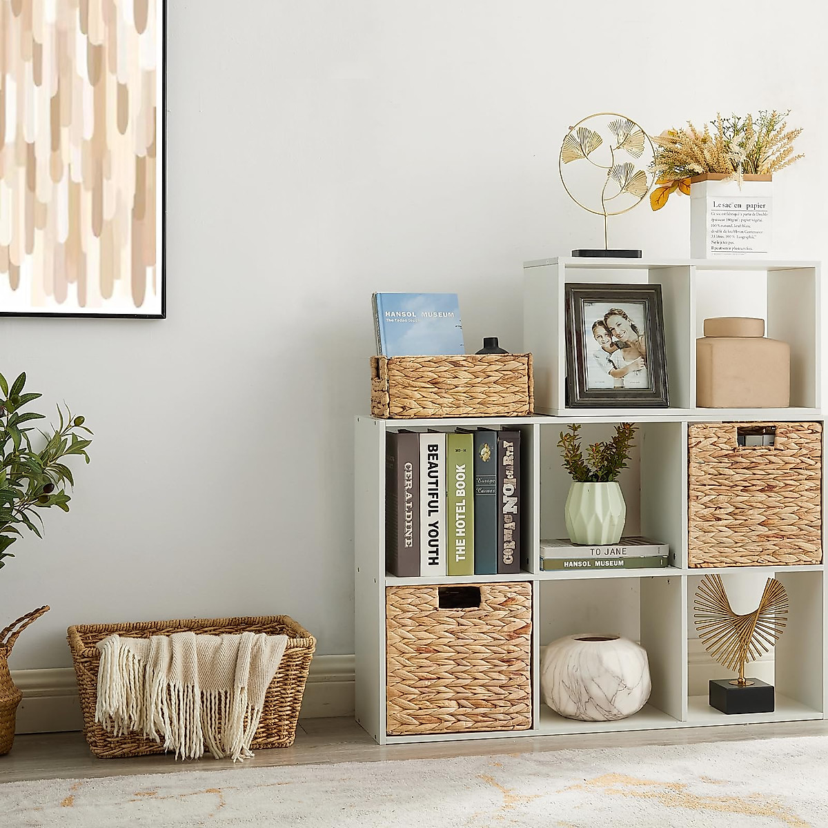 Vagusicc Storage Basket, Set of 2 Handwoven Water Hyacinth Storage Baskets, Foldable Wicker Storage Basket 9 Inch Cube Storage Bin for Shelves Laundry Organizer Square Shelf Baskets, 9''x9''x9''