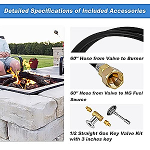 Skyflame Natural Gas Connection Hose, Complete NG Fire Pit Installation Kit from Burner to Natural Gas, Includes 1/2" Control Valve Key Set, 2 PCS 60" Connect Hoses