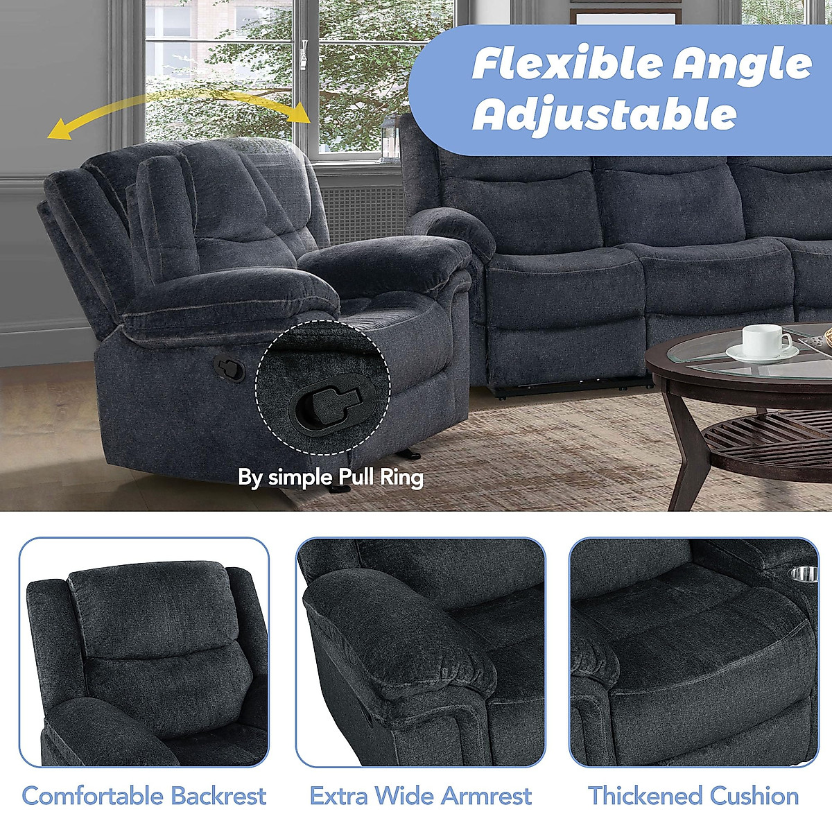 P PURLOVE Manual Reclining Loveseat Sofa with Adjustable Backrest, Velvet Recliner Loveseat with Handrail and Metal Legs, Home Theater Seating with Cup Holder and 2 USB Ports for Living Room,Dark Blue