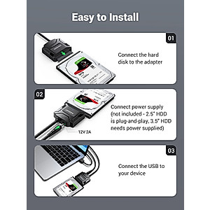 UGREEN SATA to USB 3.0 Adapter Cable for 3.5 2.5 Inch SSD/HDD Hard Drive Reader SATA III Hard Drive Disk Converter Support UASP Compatible with Samsung Seagate WD Hitachi with 12V Power Adapter