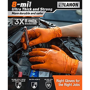 LANON 8mil Orange Disposable Nitrile Gloves, Mechanic, Heavy Duty, Food Safe, Latex Free, Powder Free, Fully-Diamond Textured, Large