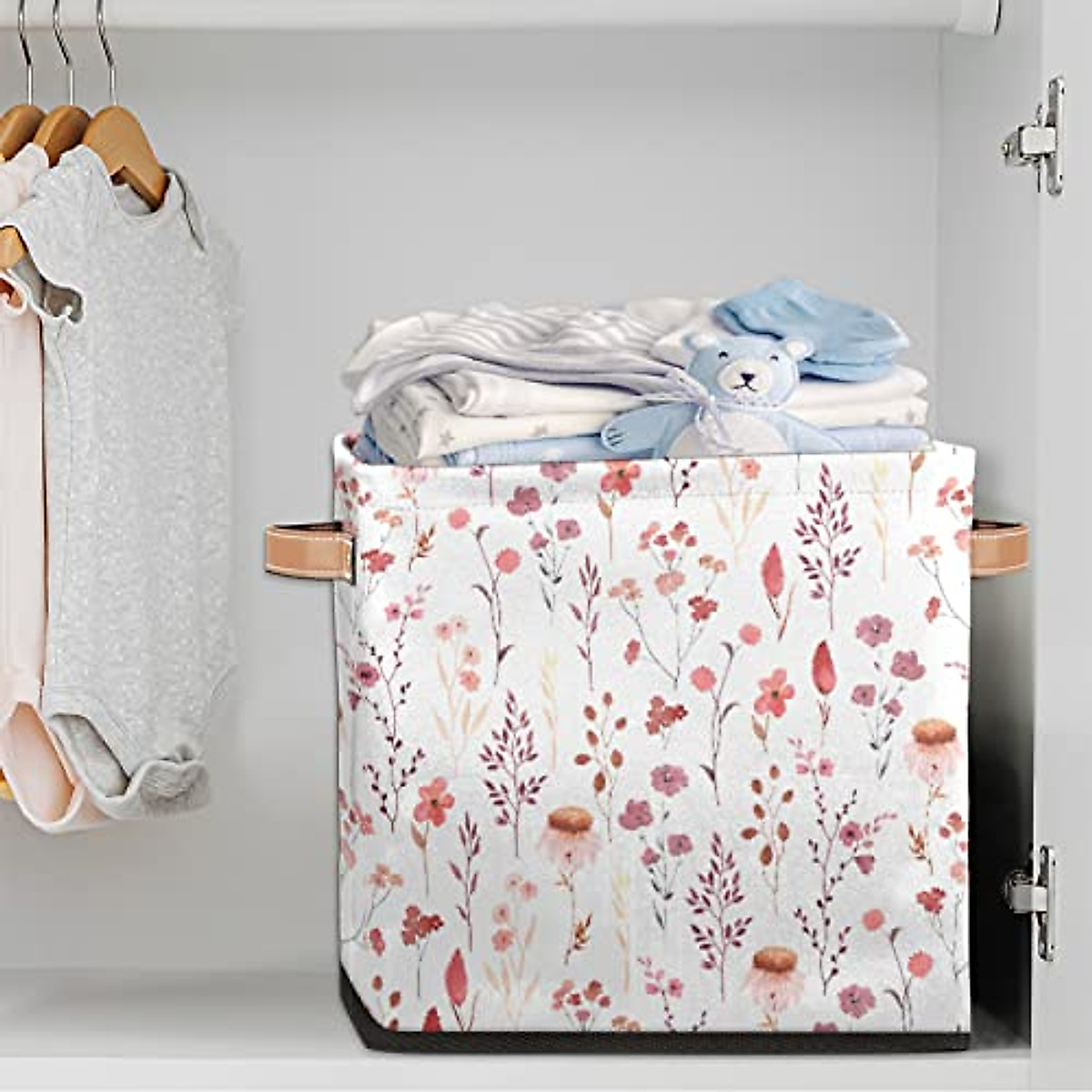 Wildflowers Watercolor Floral Print Storage Basket Bins for Organizing Pantry/Shelves/Office/Girls Room, Spring Flower Storage Cube Box with Handles Collapsible Toys Organizer 13x13