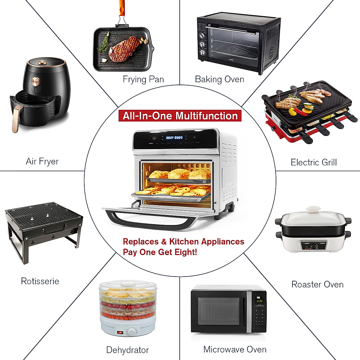 E-Macht Air Fryer Ovens Countertop, Convection Toaster Oven with 10 Cooking Functions, 6-Slice Toast &12-Inch Pizza Capacity, 6 Accessories Included, Auto Shut off, 24 Quart