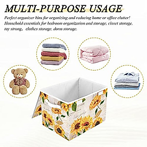 Decorative Storage Bins for Closet, Sunflower Retro Pattern Collapsible Storage Baskets with Lids and Handles for Shelves Closet Home Decor
