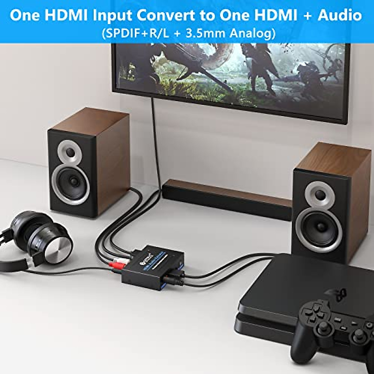 eSynic 4K HDMI Audio Extractor HDMI to HDMI + Optical TOSLINK SPDIF + Analog RCA L/R +3.5mm Jack Stereo Audio Video Splitter Converter with Power ON/Off Switch Support 4K Full HD1080p 3D