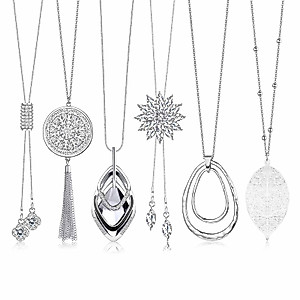 Jstyle 6Pcs Long Pendant Necklaces for Women Long Sweater Necklaces Silver Flower Tassel Disk Circle Leaf Statement Sweater Chain Necklace for Women Y Necklace Set Fashion Jewelry C