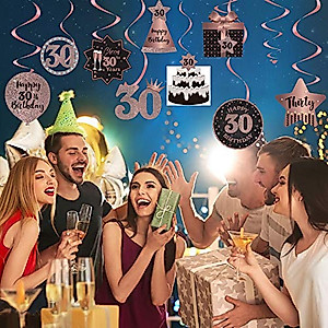Happy 30th Birthday Party Hanging Swirls Streams Ceiling Decorations, Celebration 30 Foil Hanging Swirls with Cutouts for 30 Years Rose Gold Birthday Party Decorations Supplies