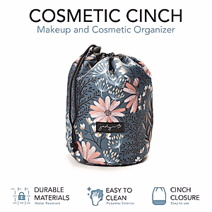 Jadyn Durable Cinch Top Makeup Organizer - Compact Travel Makeup Bag - 7 Interior Pockets for Cosmetics - Drawstring Toiletry Travel Bag for Women - 6L Storage Capacity - (Navy Floral)