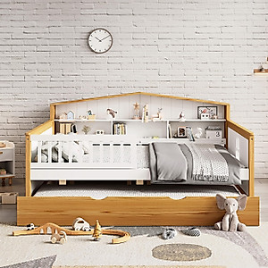 MERITLINE Full Size Daybed with Trundle and Bookcase Headboard, Wood Daybed Sofa Bed with Charming House-Shaped Design,Kids Bed Frames with Windows and Safety Rails,Walnut and White