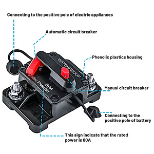 RED WOLF 80A Amp Circuit Breaker Fuse W/6 Gauge Battery Ring Terminal Connector for Trolling Motor Marine Boat ATV Yacht Car Stereo Audio Battery Solar System with Manual Reset Switcher Waterproof