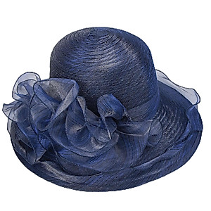 Women Organza Derby Sun Hat,Kentucky Fascinator Cocktail Tea Party Hat Flower Church Wedding Bridal Straw Caps Dark Navy