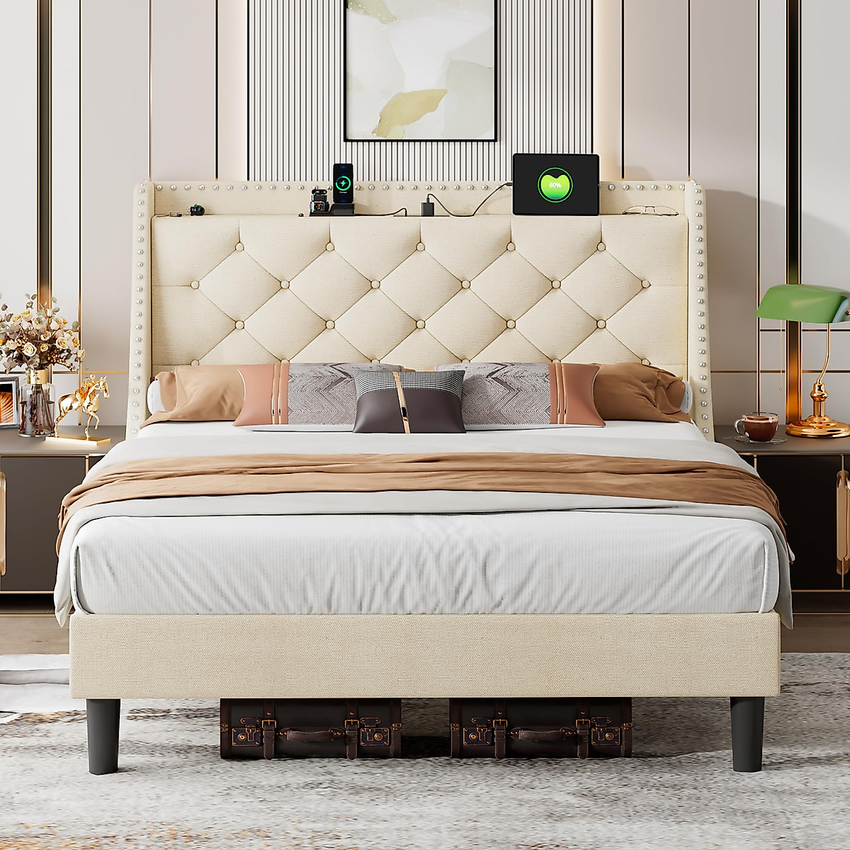 iPormis Full Bed Frame with 16" Comfort Wingback & Charging Station, Upholstered Platform Bed with Button Tufted Storage Headboard, Solid Wood Slats Support, No Box Spring Needed, Beige