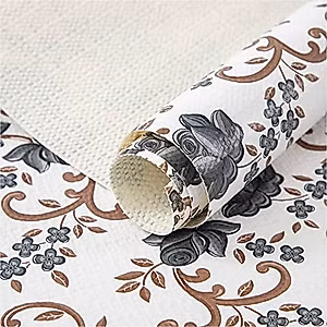 FIFTY-FEET 18X96 Inch Shelf Liner for Kitchen Cabinets, PVC Drawer Liner for Dresser Non-Slip Bathroom, Non-Adhesive Cabinet Liner Washable (Black Floral)(1 Roll)
