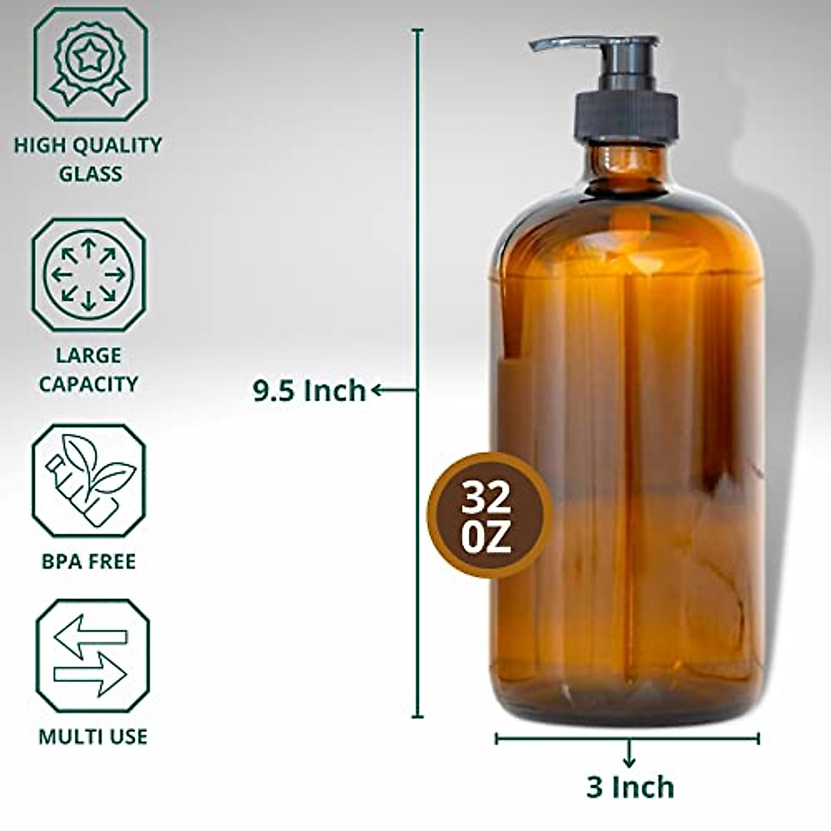 32oz Amber Glass Soap Dispenser- Large Amber Round Bottles with Black Pumps – Apothecary Soap Dispensers is Refillable & Reusable for Bath/Kitchen Accessories - Pack of 4