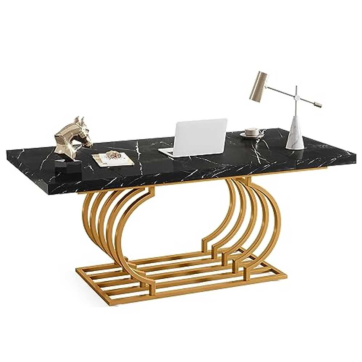 Tribesigns 63" Modern Office Desk, Black and Gold Executive Desk, Large Computer Desk Home Office Desk with Gold Metal Frame, Wood Workstation Study Writing Desk