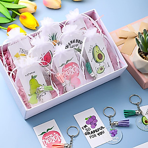 Batiyeer 36 Sets Funny Thank You Acrylic Keychains with Cute Fruit Pun Cards Employee Appreciation Gifts Greeting Note Key Rings Thank You Gifts for Team Teacher Student Staff
