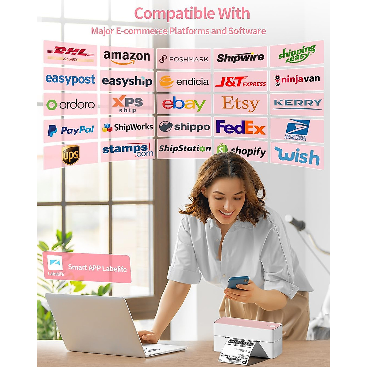Phomemo Bluetooth Thermal Label Printer 4x6, Wireless Shipping Label Printer for Small Business and Packages for Phone&Pad&PC, Pink Thermal Label Printer for Shopify, Amazon, Etsy, UPS, FedEx