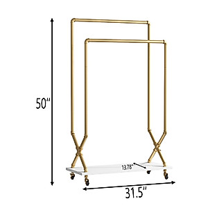 ORSENIGO Industrial Pipe Clothing Rack with Double Rods for Hanging Clothes, Heavy Duty Rolling Clothes Rack with Shelf for Home Boutique Retail Use (Gold)