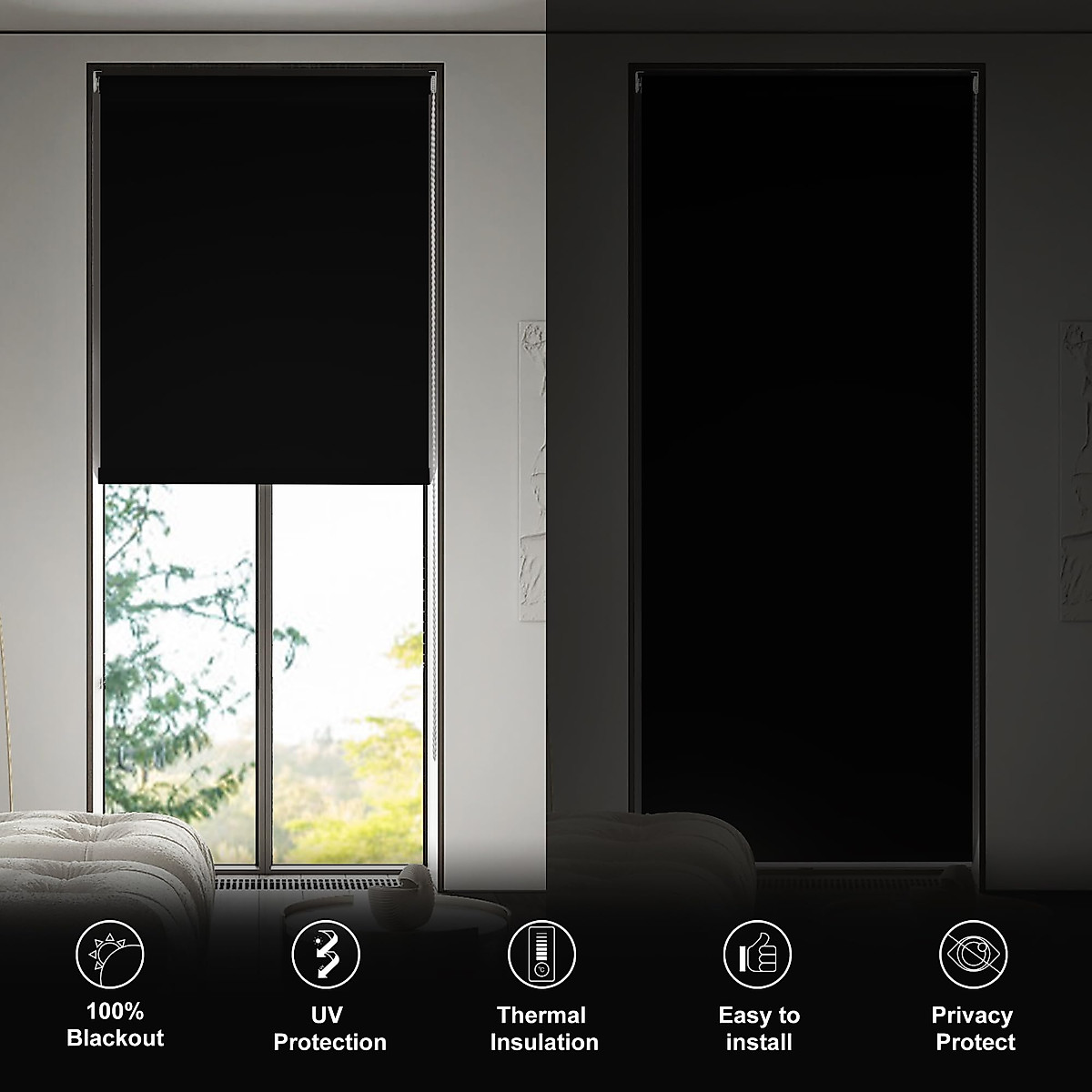 Boolegon Blackout Roller Shades for Window, Custom Roller Blinds UV Protection Thermal Insulated Pull Down Room Darkening Shades for Home Office Bedroom Kitchen, Easy Install, black,80" W x 64" H