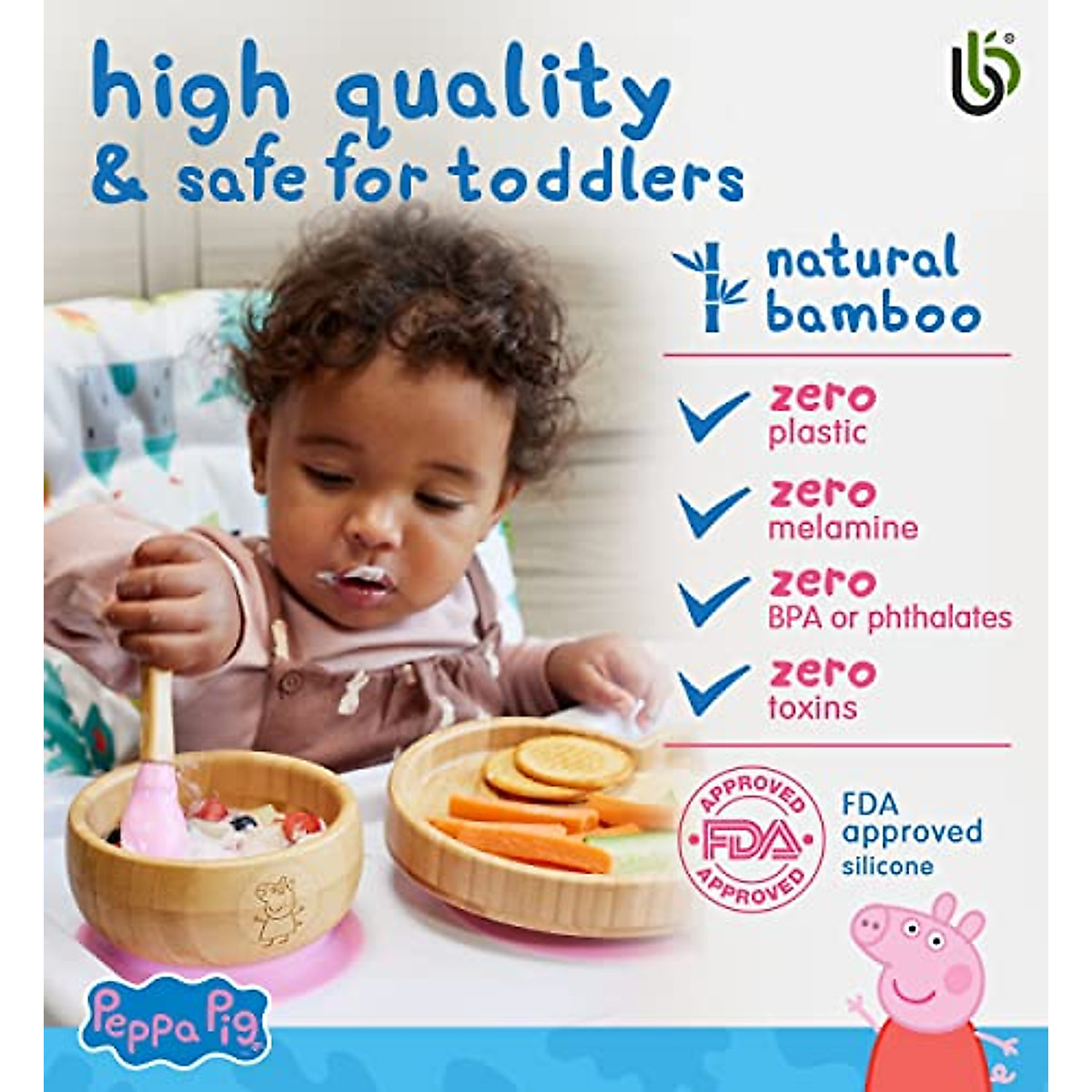 Peppa Pig Suction Bowl for Baby – Bamboo Baby Bowl and Spoon Set with Removable Silicone Suction Cup for Kids | 12oz | Non-Toxic | Cool to The Touch | Ideal for Baby-Led Weaning (Peppa Pig)