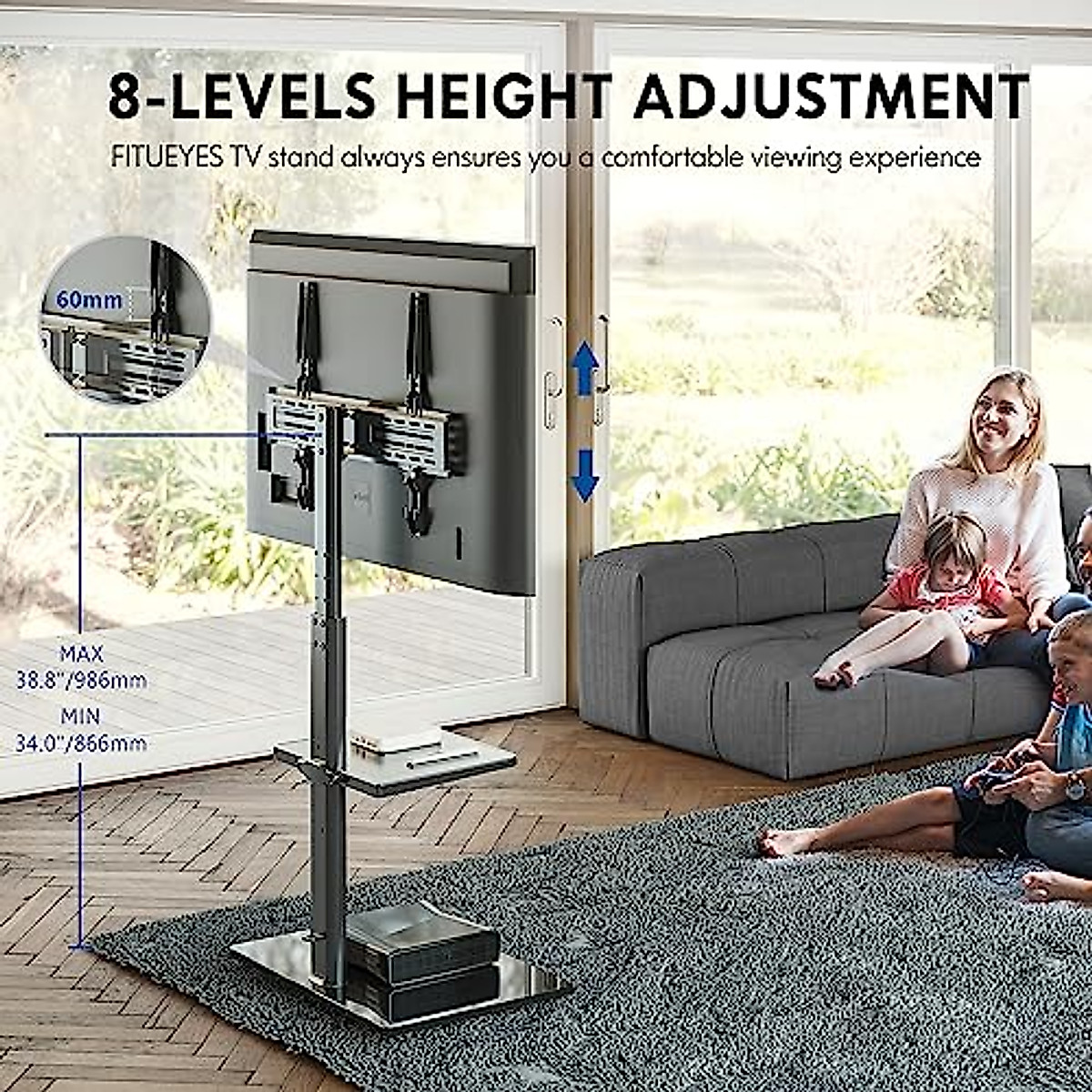 FITUEYES Universal TV Stand for 32 39 40 43 49 50 55 60 Inch TVs, TV Floor Stand with Swivel Mount, Max Holds 66lbs, Black Glass Base, Height Adjustable, Perfect for Corner & Bedroom