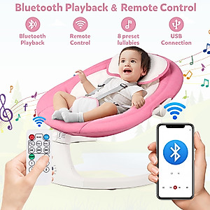 Electric Baby Swing for Infants to Toddler, Portable Baby Rocker Swinger for Newborn Boy and Girls Outdoor Indoor, 5 Swing Speeds Bluetooth Remote Control Music Speaker Lullaby Pink
