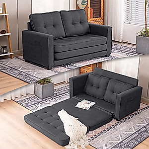 VINGLI Loveseat Sleeper, 80" Convertible Loveseat Sofa Bed Mid-Century Modern Sleeper Sofa Twin Floor Gaming Sofa Couch, Upholstered Fabric Futon Sofa for Living Room, Foldable Lazy Recliner Sofa,Grey