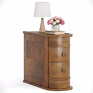 Wood End Table with 2 Drawers, No Assembly Required Narrow Sofa Side Table for Living Room, Vintage Slim Nightstand Bedside Table for Bedroom, Finished Back (2 Drawers, Brown, 1Pc)