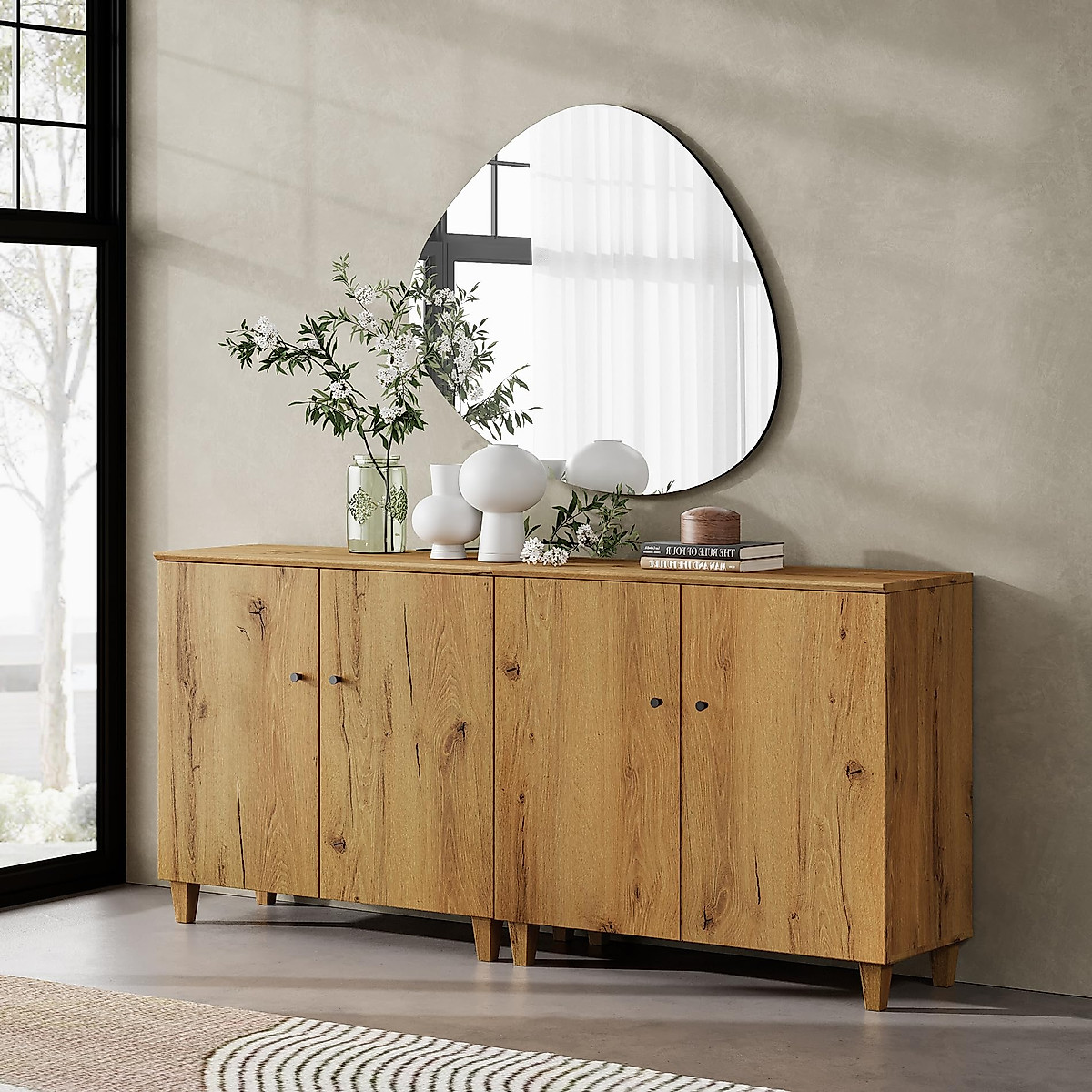 WAMPAT Wide Dresser Chest with Doors for Bedroom, 2-in-1 Rustic Oak Brown Wood Closet Storage Organizer with 6 Compartments for Kids Room, Nursery, 70.8x15.3x32.4