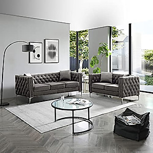 Fulocseny Velvet Upholstered Loveseat Sofa,59.4" Jeweled Buttons Tufted Square Arm Couch,Modern Couch Button and Metal Legs,Sofa Couch with 2 Pillows for Bedroom (Grey+Velvet, 59.4 L*32.3 W*29.1 H)