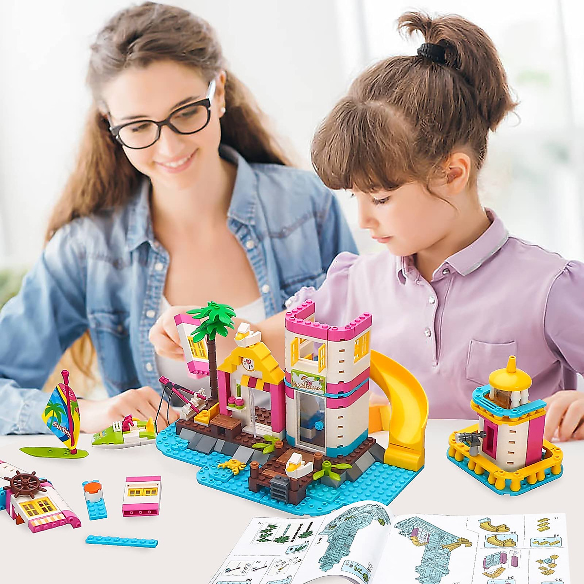 Tblicked Girls Friends Lighthouse Building Toys, Seaside Villa Building Sets 412 Pieces, Beach Fun with Friends Fishing Surfing, Summer Holiday Island Adventures Play Set Gift for Kids Aged 6-12