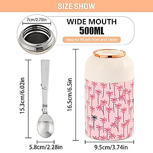 JUNZAN Palm Pink Black Kids Womens Insulated Food Jar Container with Spoon 17oz/500ml Keep Warm Food Containers Stainless Steel Vacuum Leakproof Thermo Flask for Keep Warm Food