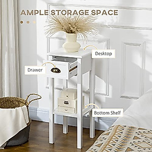 HOMCOM 2-Tier Side Table with Drawer, Narrow End Table with Bottom Shelf, for Living Room or Bedroom, White