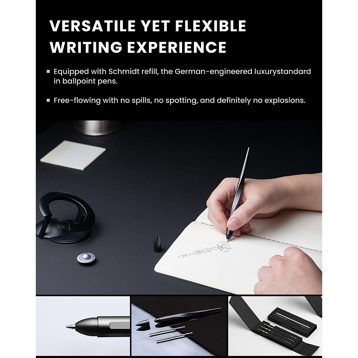 novium Hoverpen 2.0 - Futuristic Luxury Pen Made With Aerospace Alloys, Unique Aesthetic, Free Spinning Executive Pen, Cool Gadgets, Valentines Day Gifts for Men & Women (Space Black, Basic)