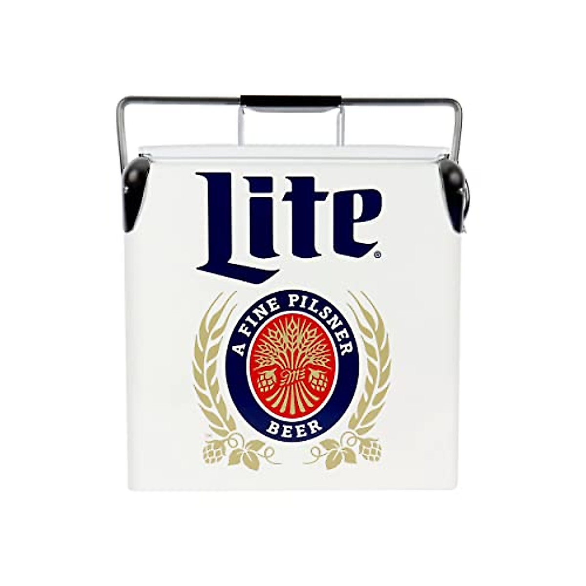 Miller Lite Retro Ice Chest Cooler with Bottle Opener 13L (14 qt), 18 Can Capacity, Blue and Red, Vintage Style Ice Bucket for Camping, Beach, Picnic, RV, BBQs, Tailgating, Fishing