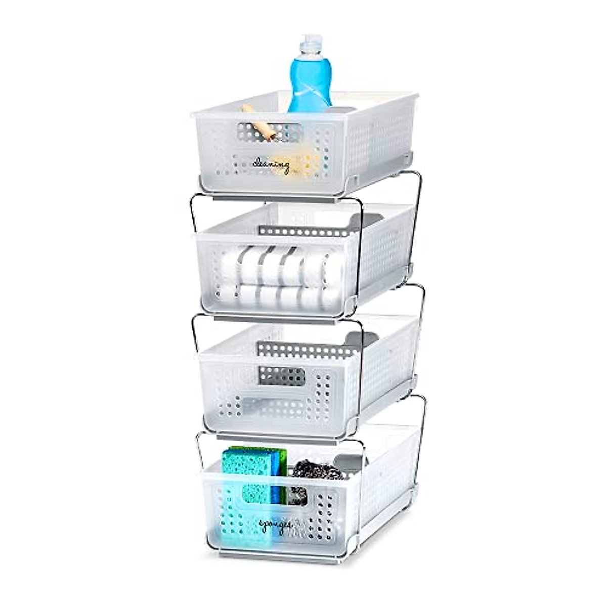 madesmart Stackable 2-Tier Organizer, Multi-Purpose Slide-Out Storage with Extra Set of Legs, Handles and Dividers for Home and Bath, BPA Free, Frost