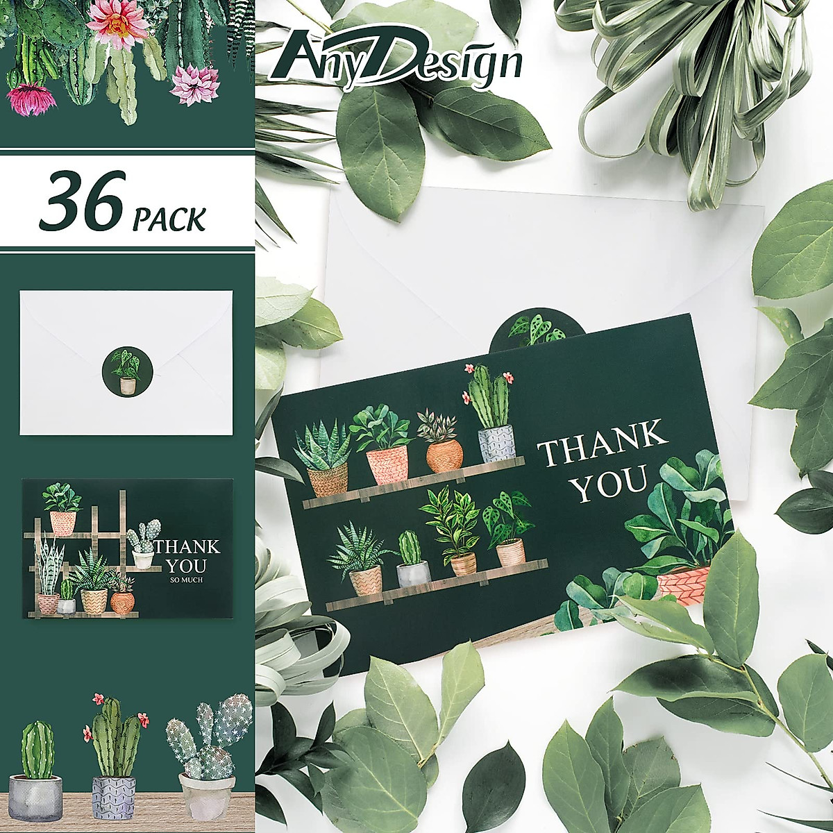 AnyDesign Home Plants Thank You Cards 36 Pack Succulent Cactus Note Cards with Matching Seal Stickers Envelopes Greenery Greeting Blank Cards for Birthday Baby Shower Wedding Bridal Party, 4 x 6