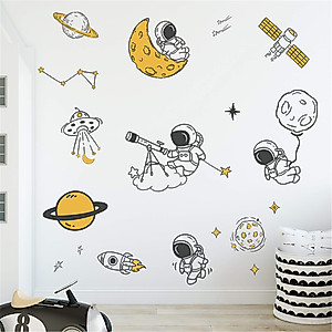 ROFARSO Wall Stickers Astronaut Planet Outer Space Stars DIY Vinyl Removable Large Wall Decals Art Decorations Decor for Kids Boys Bedroom Living Room Playing Room Murals
