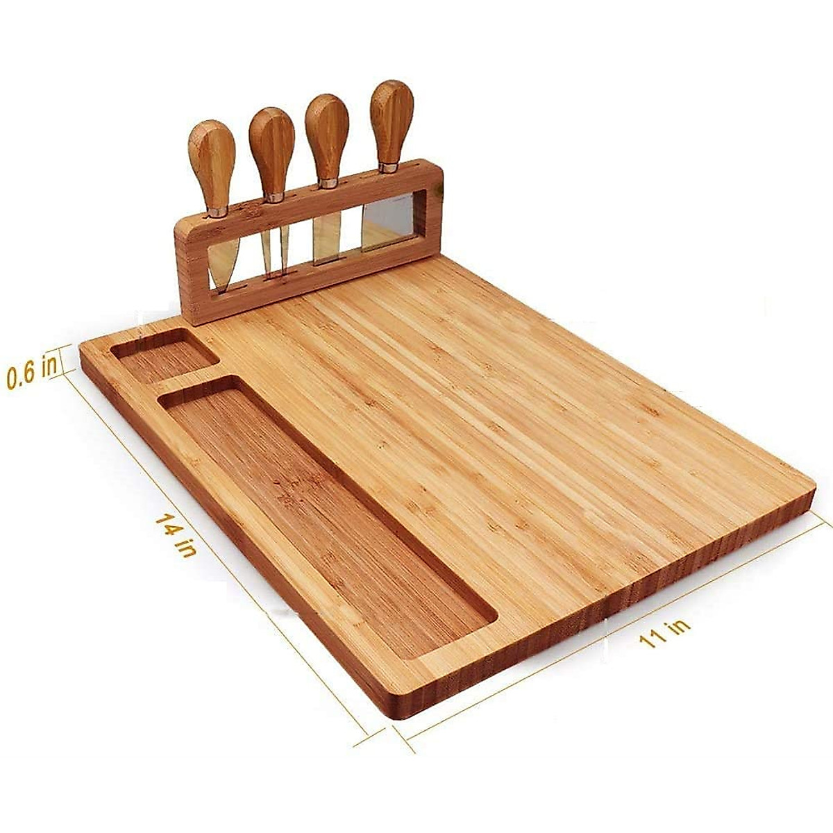 Aoibox Bamboo Cheese Board Set 14.17"*11"*0.8", Charcuterie Platter and Serving Meat Board Including 4 Stainless Steel Knife, Cheese Tray, Yankee Swap Gifts