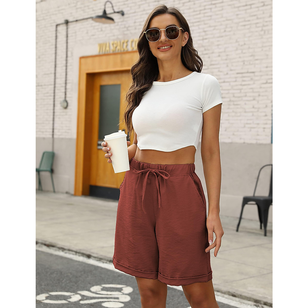 Yeokou Womens Casual Loose Elastic Drawstring Summer Beach Bermuda Pocketed Shorts(Red-XL)